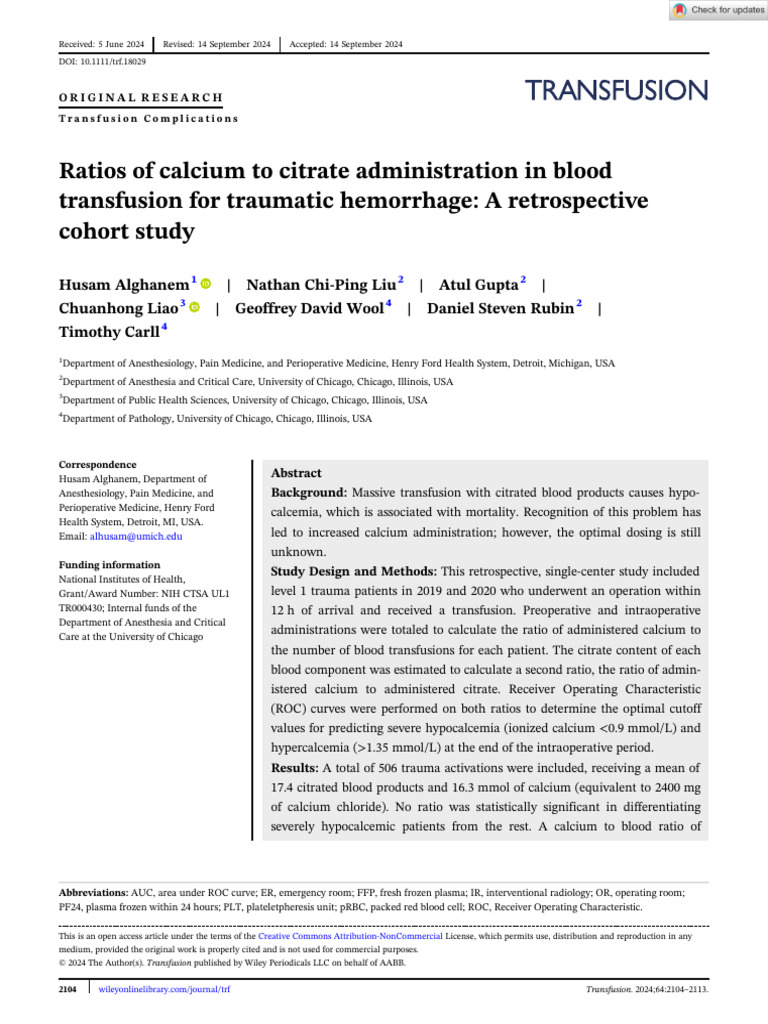 Transfusion - 2024 - Alghanem - Ratios of Calcium To Citrate ...