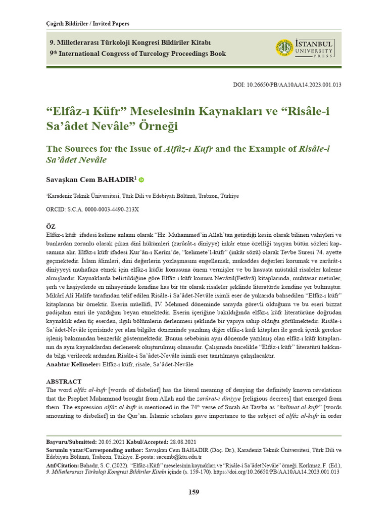 "Elfâz-I Küfr" Meselesinin Kaynakları Ve "Risâle-I Sa'âdet Nevâle ...