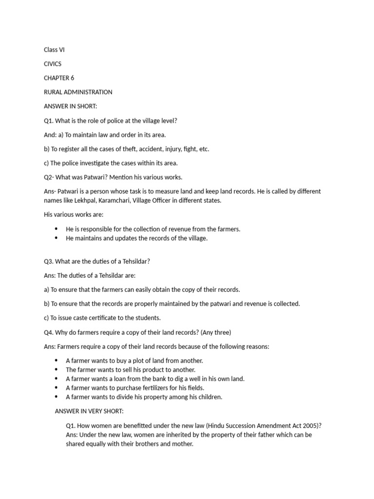 Class VI Civics Ch-5 Rural Administration 2024-25 | PDF | Government Of ...