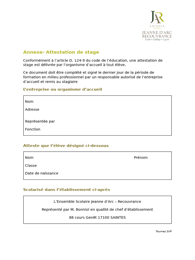 Modèle d'attestation de stage | PDF