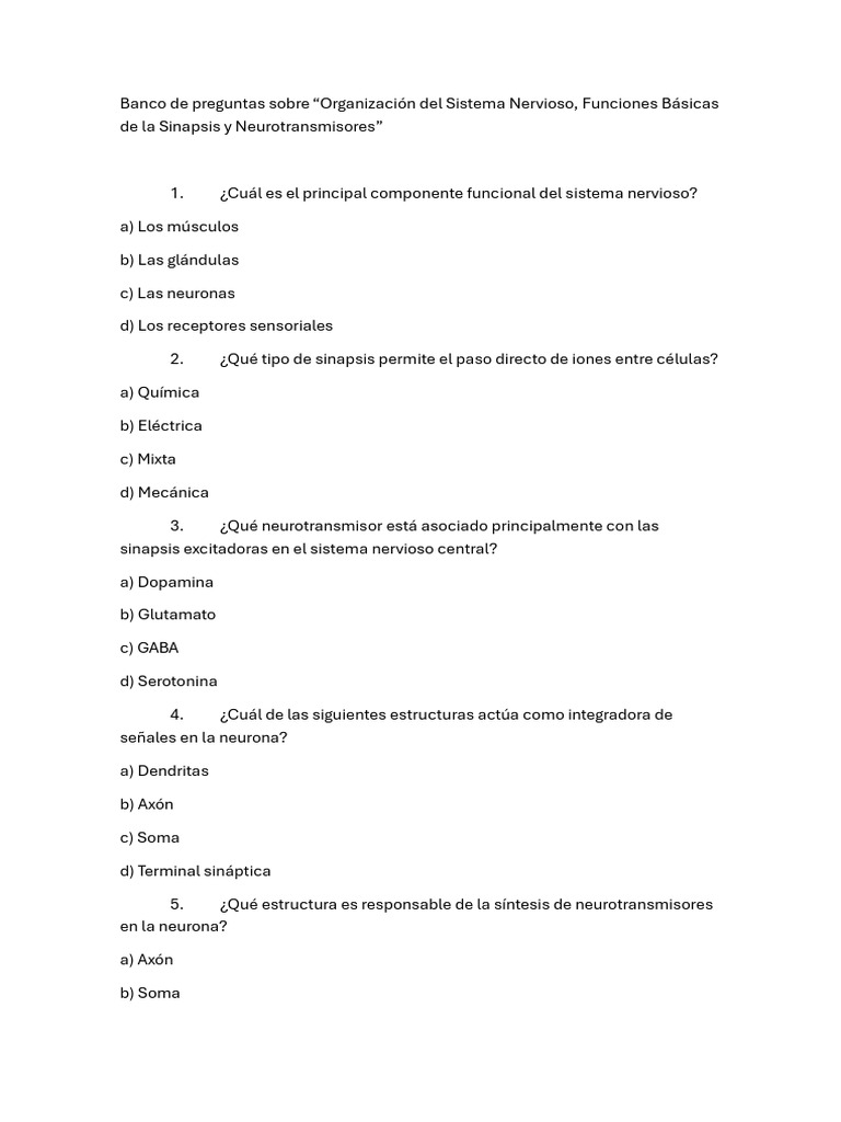 Banco de Preguntas Capítulo 46 Fisiología Guyton | PDF | Sinapsis | Neurona