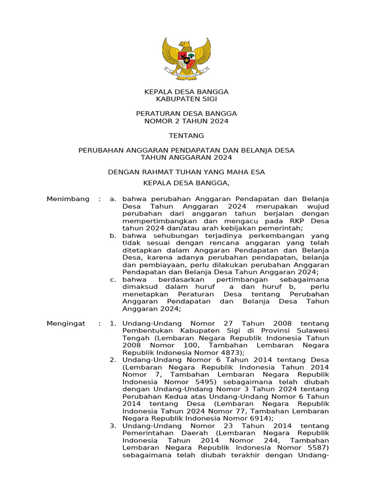 Perdes Tentang Perubahan APBDesa Tahun 2024 | PDF