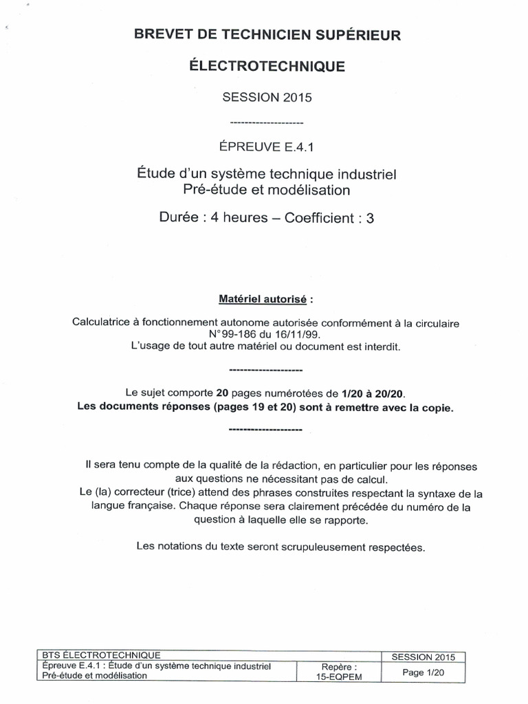 BTS Électrotechnique 2015 Pré-étude | PDF