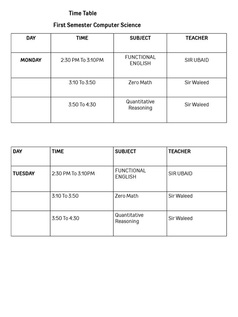 CS First Semester Schedule | PDF
