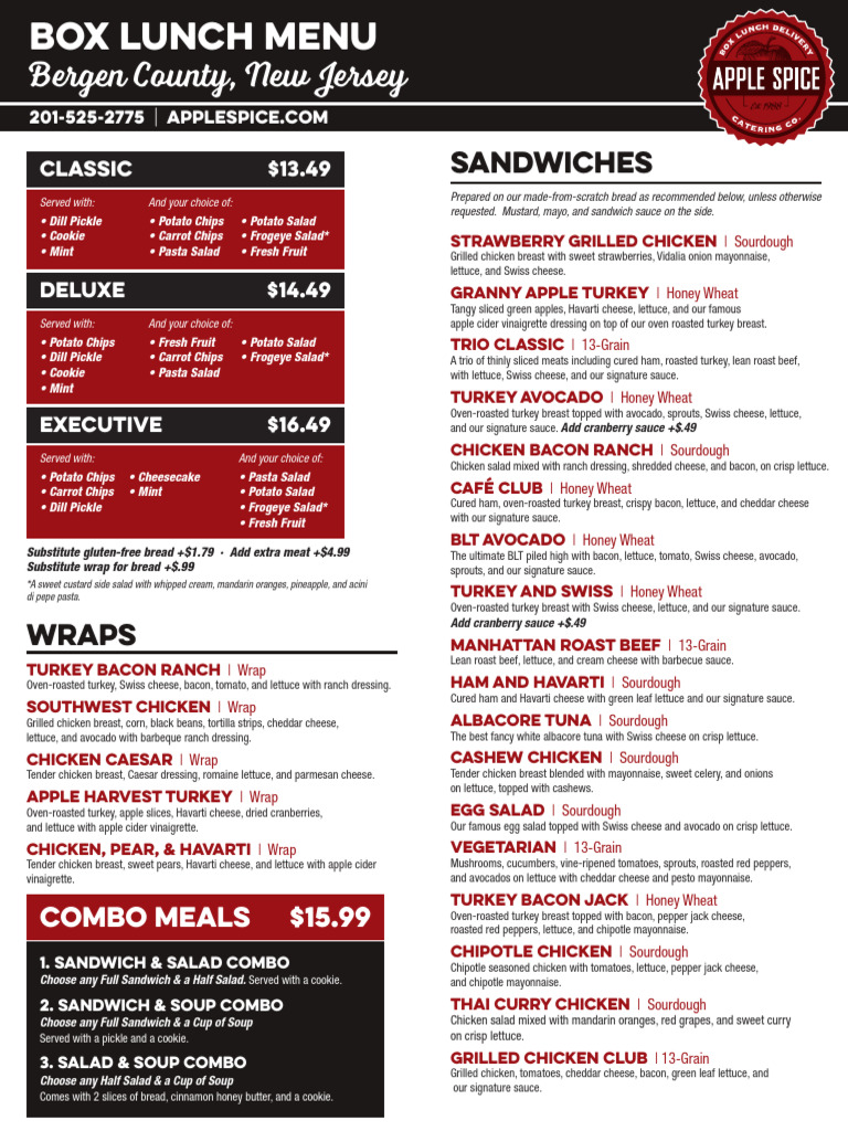 Bergen County Box Lunch Menu Options | PDF | Salad | Turkey Meat