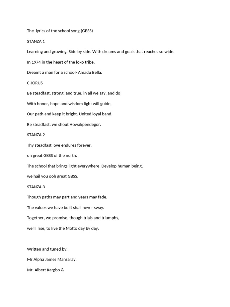 GBSS School Song Lyrics | PDF