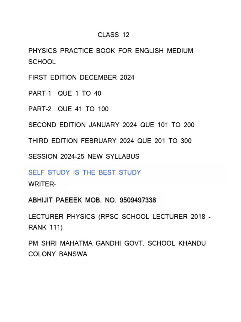 Physics Practice Book 12TH English Medium | PDF | Capacitance | Atoms