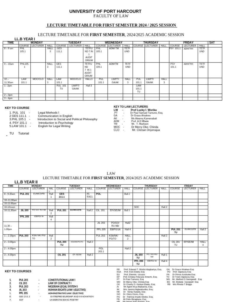 2024 and 2025 New Complete LL.B First Semester Timetable | PDF