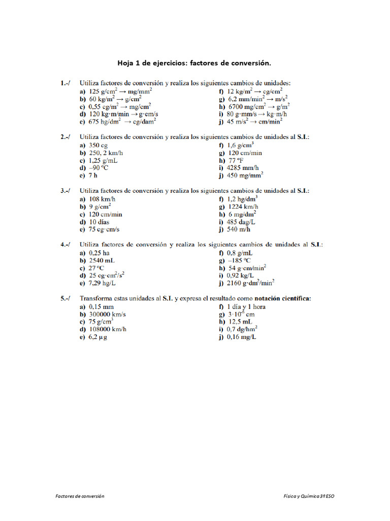 Ejercicios Factores Conversión 3º ESO | PDF