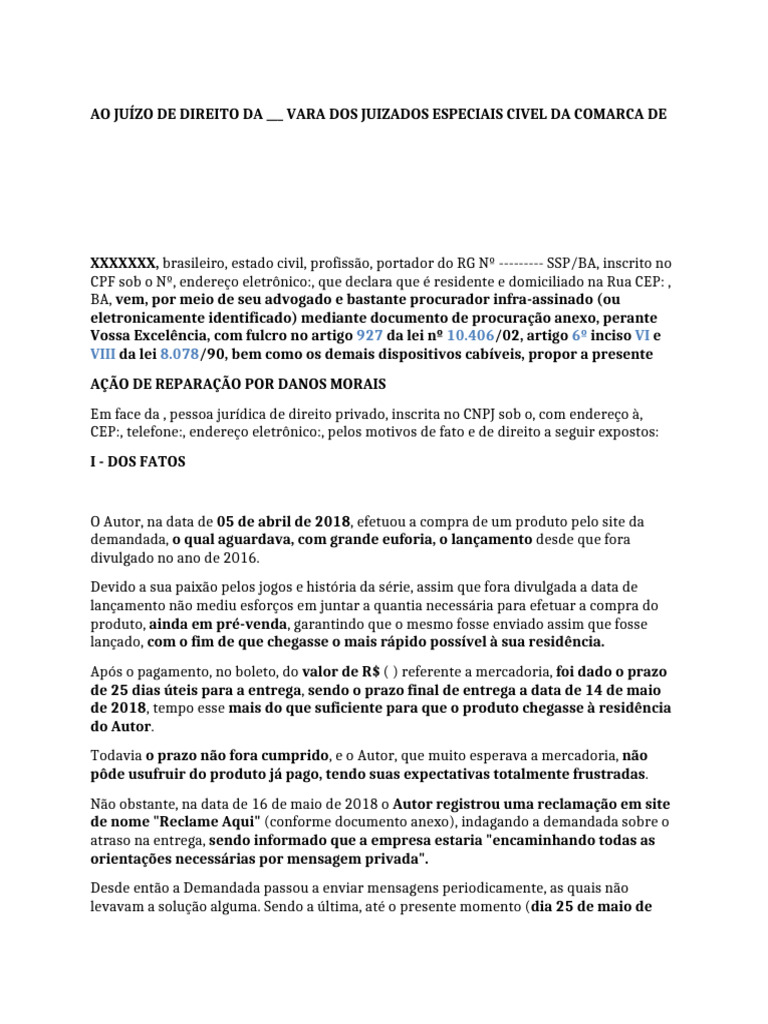 Modelo Peticao Inicial Jec Atraso Na Entrega Do Produto Consumidor ...