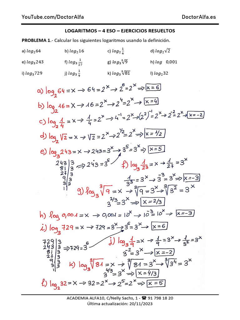 Ejercicios Resueltos de Logaritmos 4º ESO | PDF | Logaritmo | Combinatoria