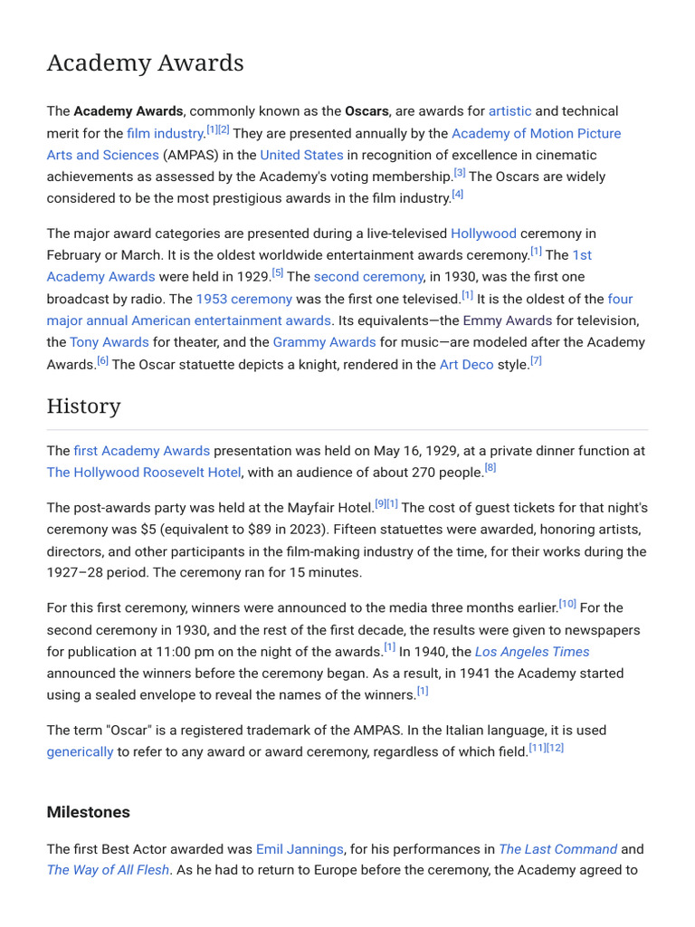 Academy Awards - Wikipedia | PDF | Academy Awards | Academy Of Motion ...