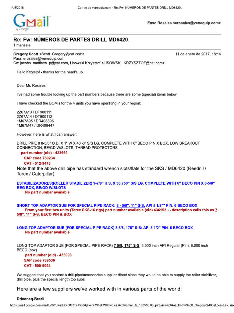 Números de Partes Accesorios de Perforacion Taladro Cat Md6420 - Fmo ...