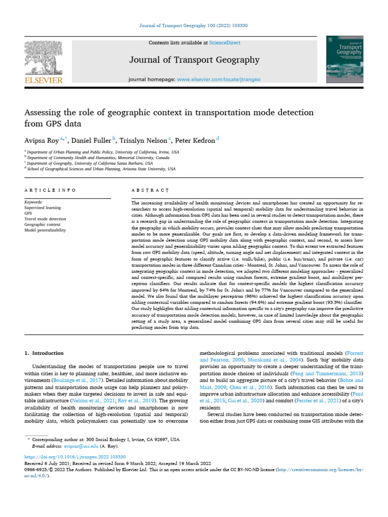 Assessing The Role of Geographic Context in Transport - 2022 - Journal ...