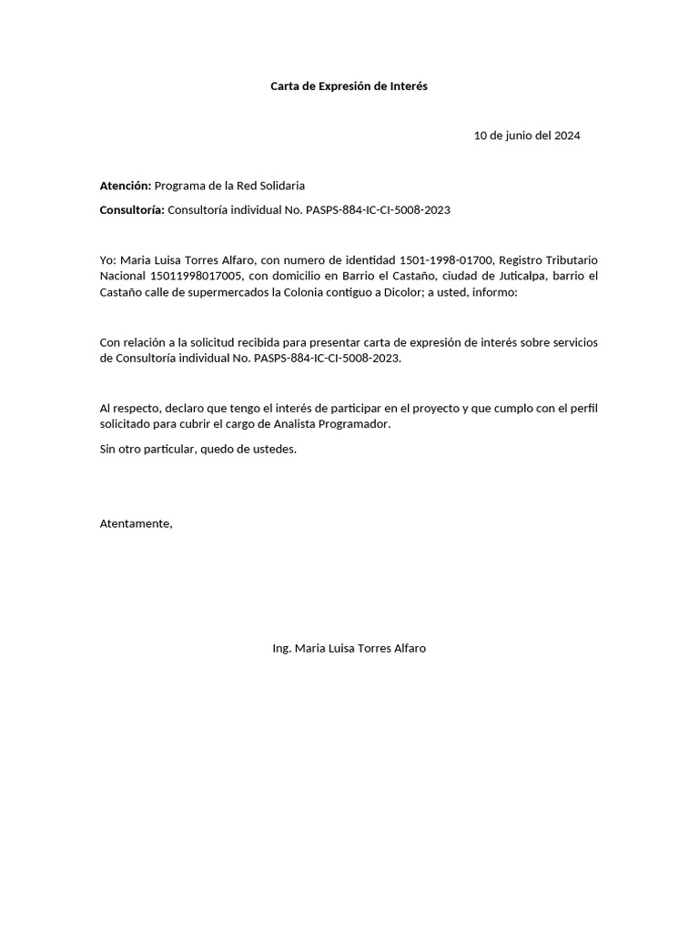 Carta de Expresión de Interés MARIA TORRES | PDF