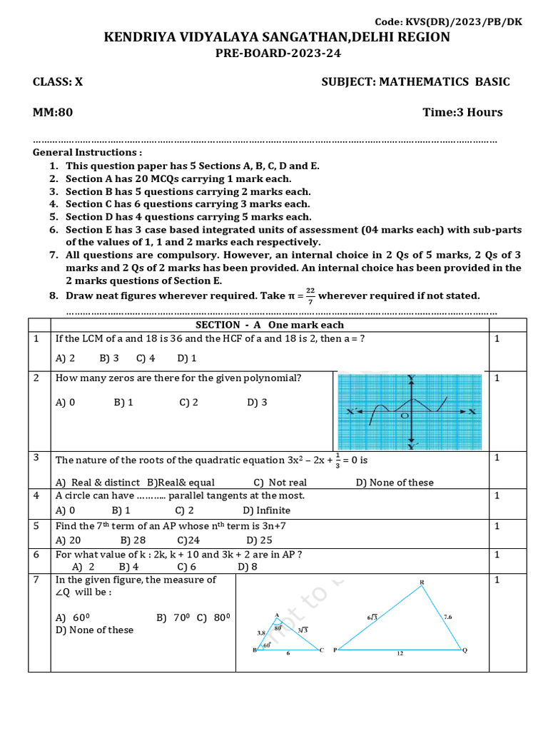 Class 10 Maths Pre-Board Paper 2023-24 | PDF | Circle | Mathematical Concepts