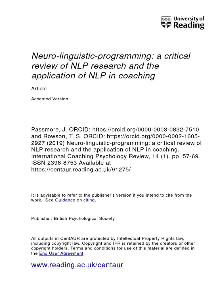 Passmore & Rowson - FINAL9Nov18 | PDF | Neuro Linguistic Programming