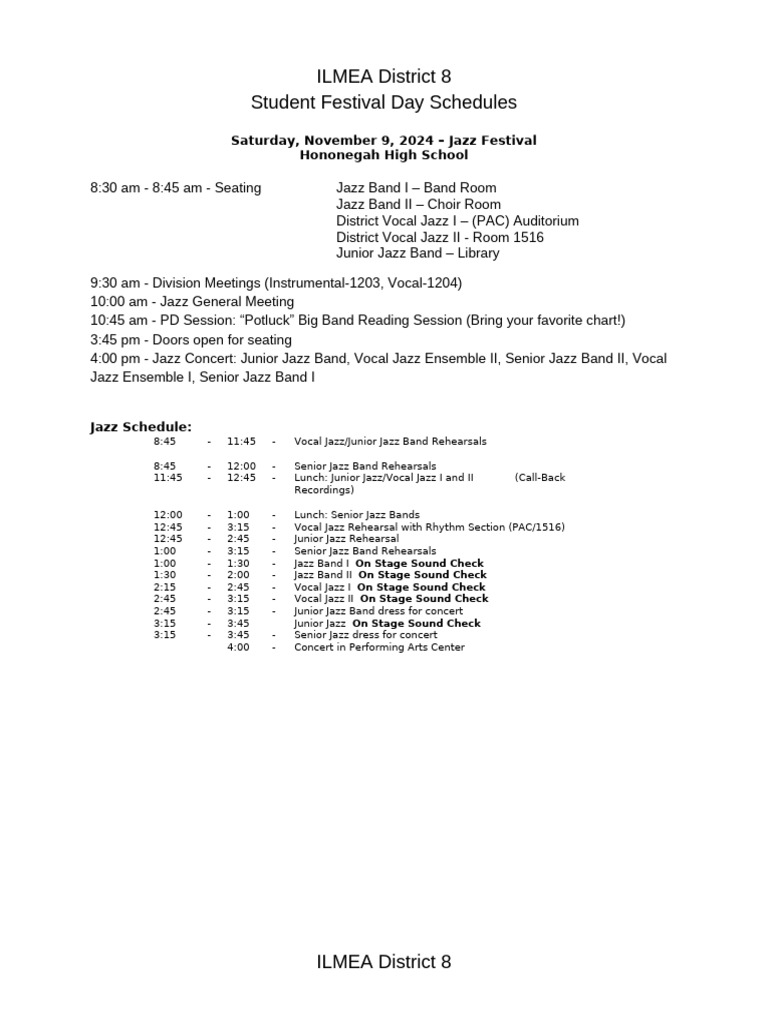 ILMEA District 8 JR SR Festival Schedule 2024 | PDF | Jazz | Choir