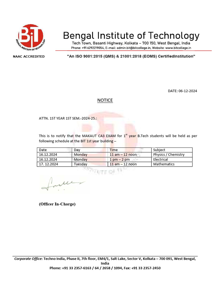 MAKAUT CA3 Exam Schedule for B.Tech 1st Year | PDF