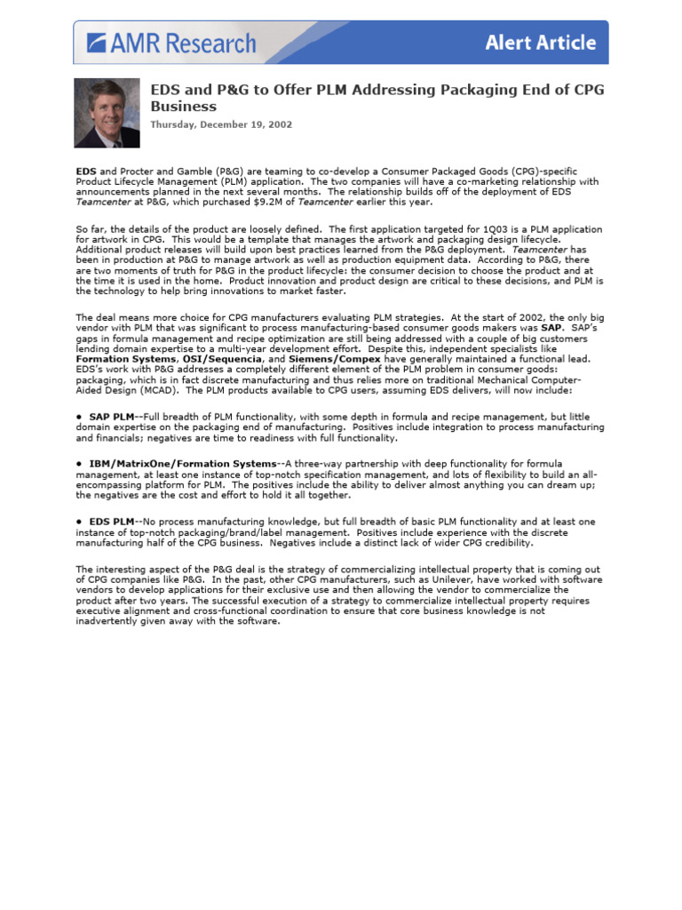AMR Research ARTICLE 15487-EDS and PG To Offer PLM Addressing Pack ...