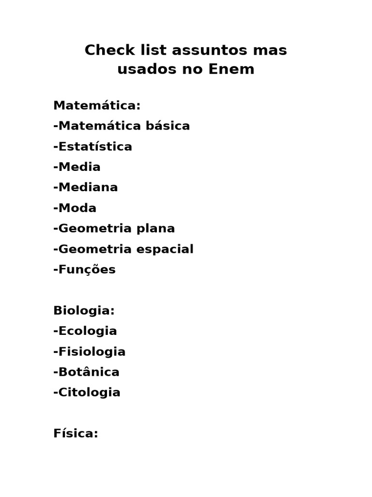 Checklist de Assuntos para o Enem 2025 | PDF