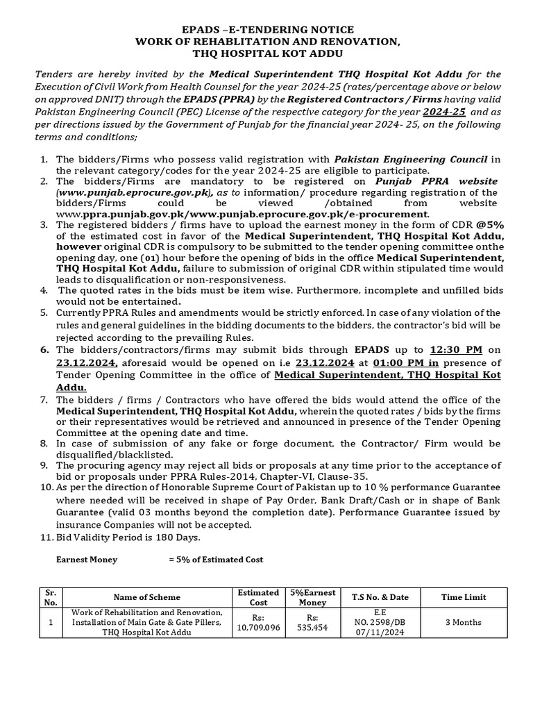 Epads E-Tendering Notice Work of Rehablitation and Renovation, THQ Hospital Kot Addu | PDF ...