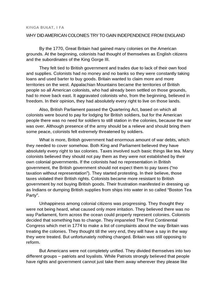 Why did American Colonies try to gain independence from England | PDF ...