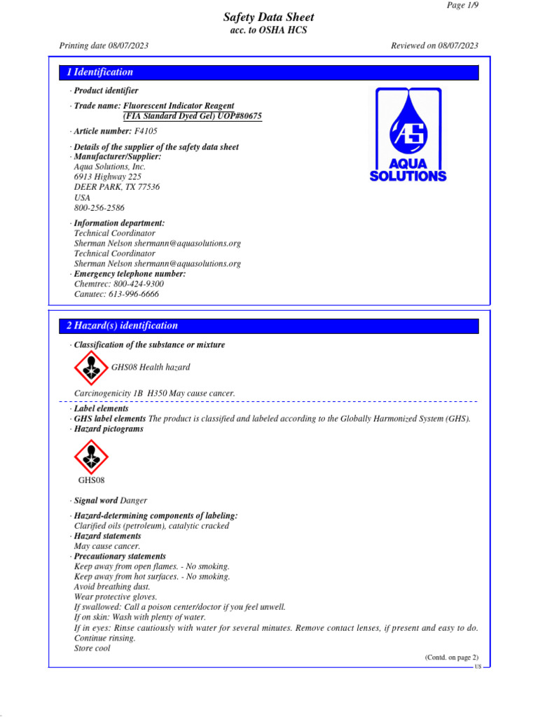 Aqua Solutions Fluorescent Reactive Indicator (FIA Standard Gel Tint ...