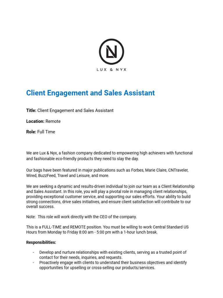Job Description - Client Engagement and Sales Assistant | PDF | Sales ...