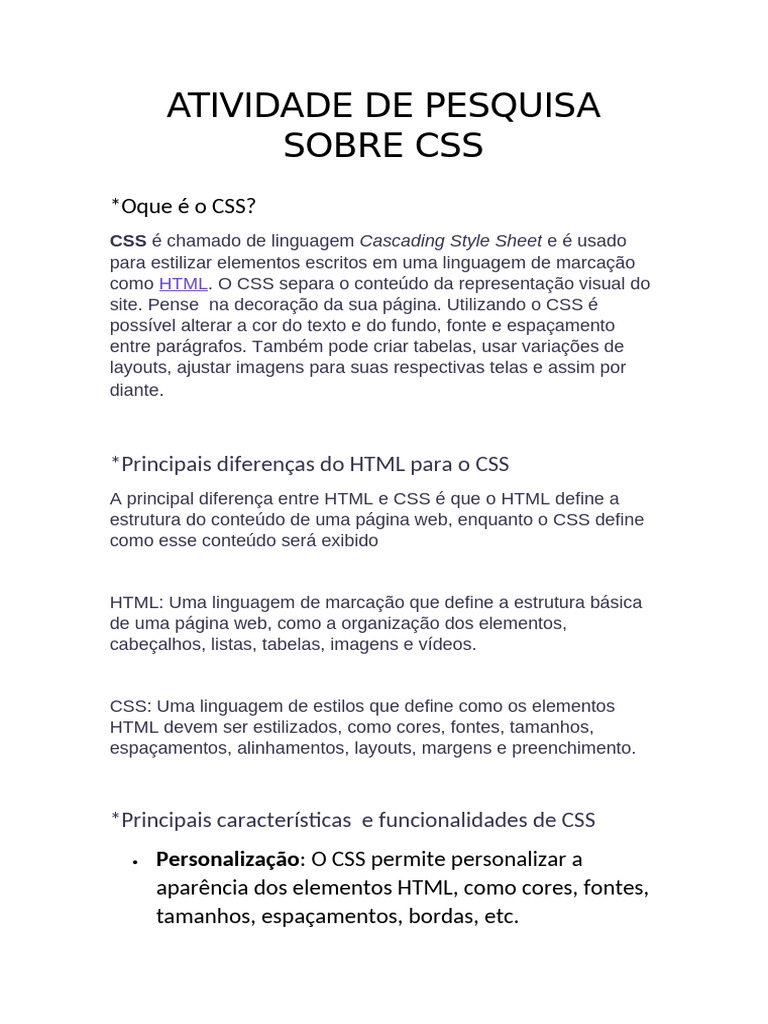 Atividade de Pesquisa Sobre CSS | PDF | Html | Rede mundial de computadores