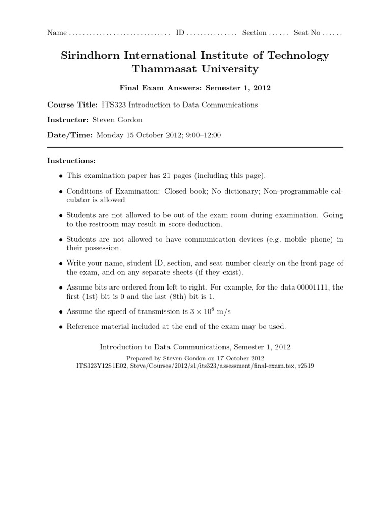 Final Exam Answers for ITS323 Data Comm | PDF | Transmission Control ...