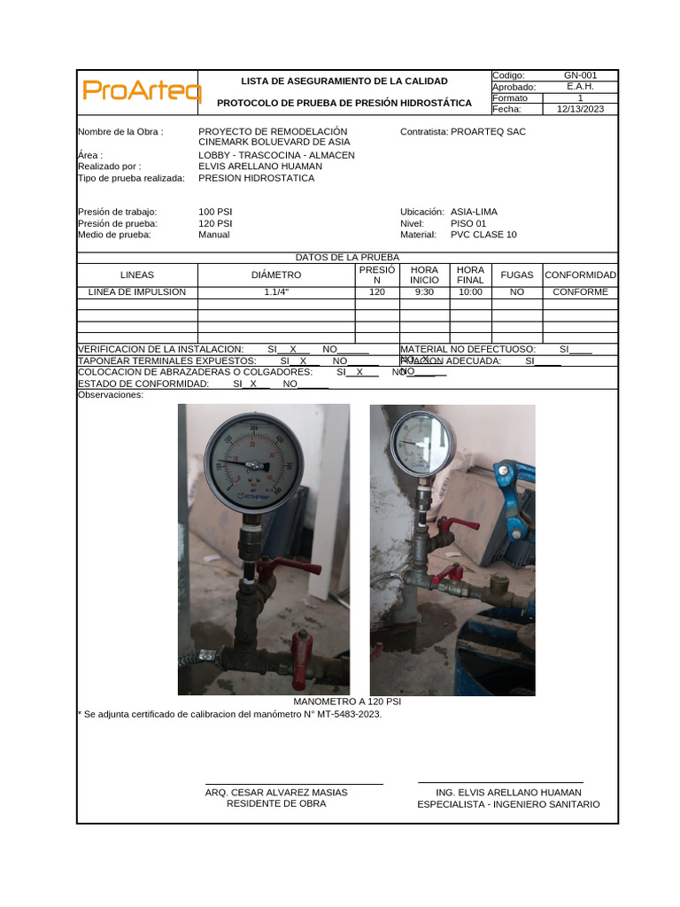 PROTOCOLOS - PRUEBAS HIDRAULICAS | PDF | Plomería | Presión