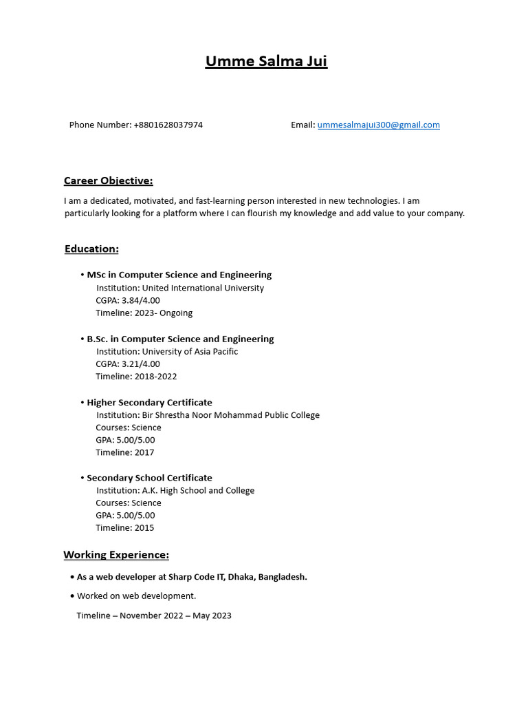 CV - Umme Salma Jui | PDF