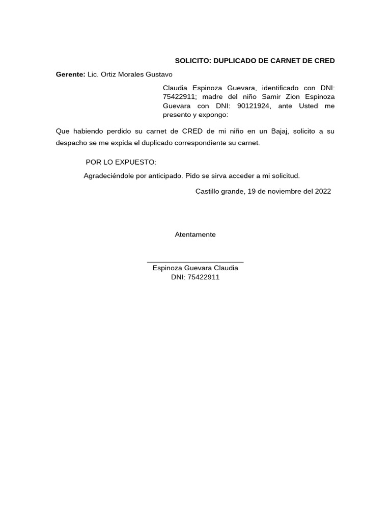 Solicitud de Duplicado de Carnet CRED | PDF