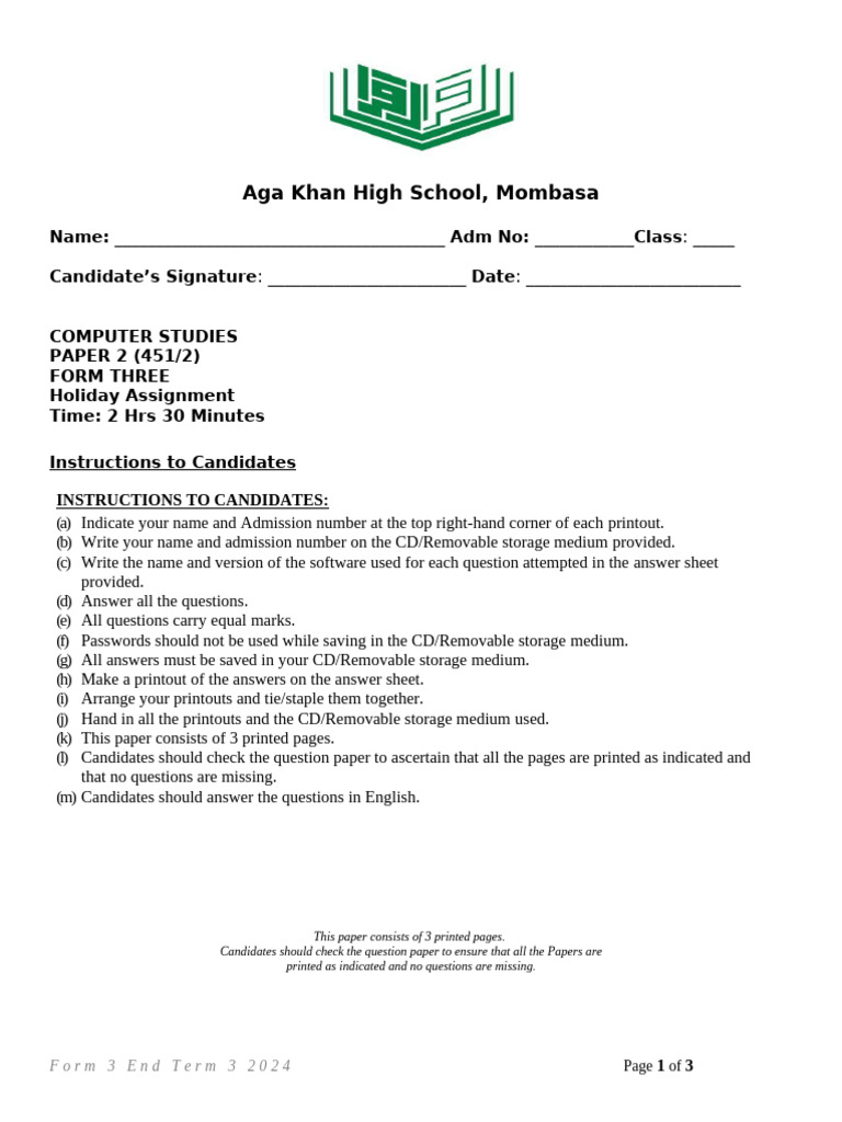 Computer Studies F3 PP2 Assignments | PDF | Page Layout | Worksheet