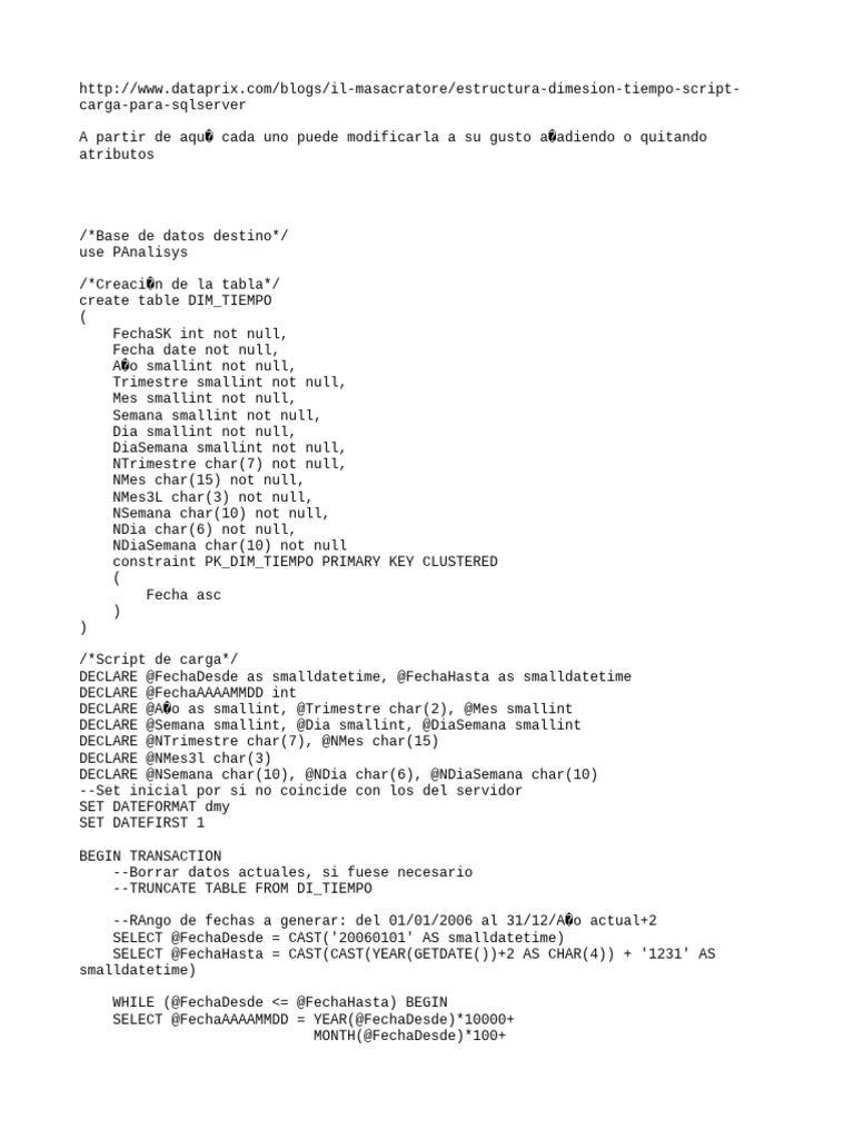 Script de La Tabla Dimencion Tiempo | PDF | Bases de datos | Gestión de datos
