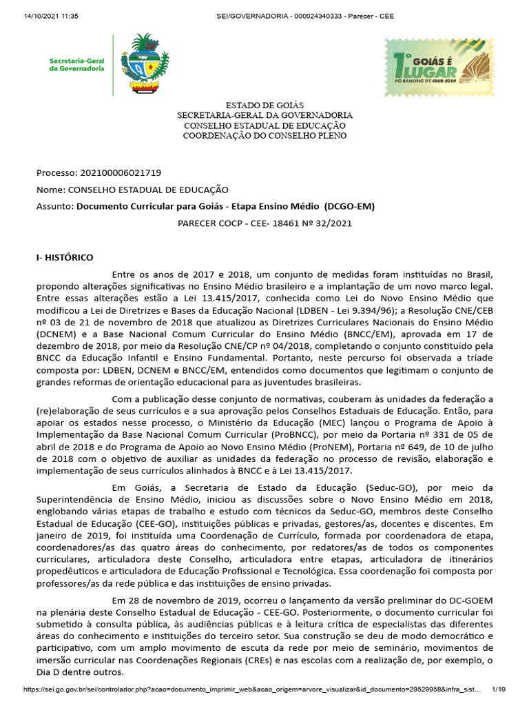 ENSINO MÉDIO - Parecer - CEE | PDF | Aprendizado | Pedagogia