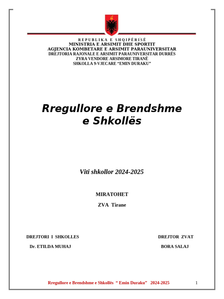 Rregullore e Brendshme e Shkolles 2024-2025 | PDF