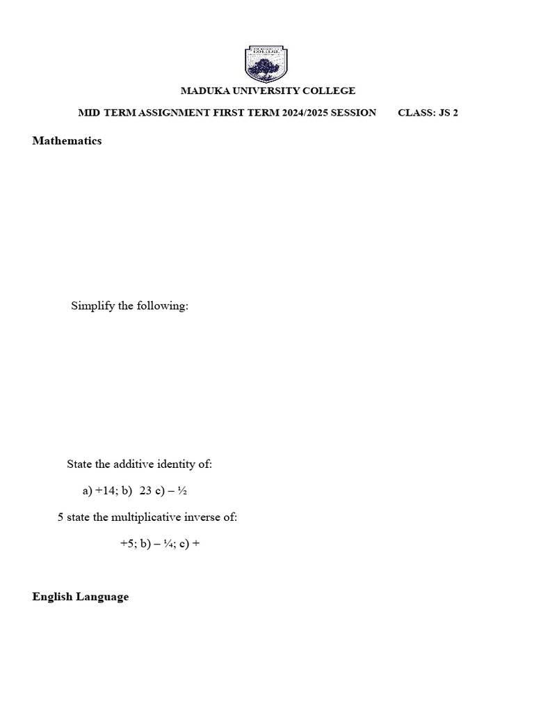 Jss 2 Mid Term Assignment | PDF
