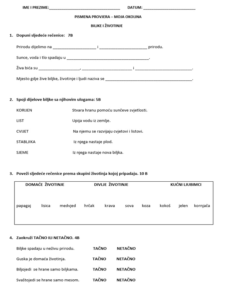 Moja Okolina Biljke I Životinje Provjera - 240522 - 143200 | PDF