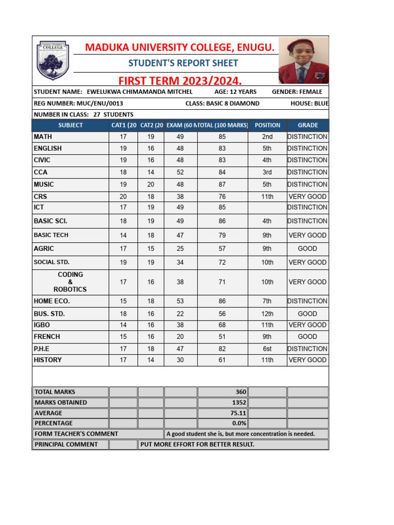 BASIC 8 DIAMOND 1ST TERM RESULT 2023-2024.xlsx - EWELUKWA CHIMAMANDA | PDF