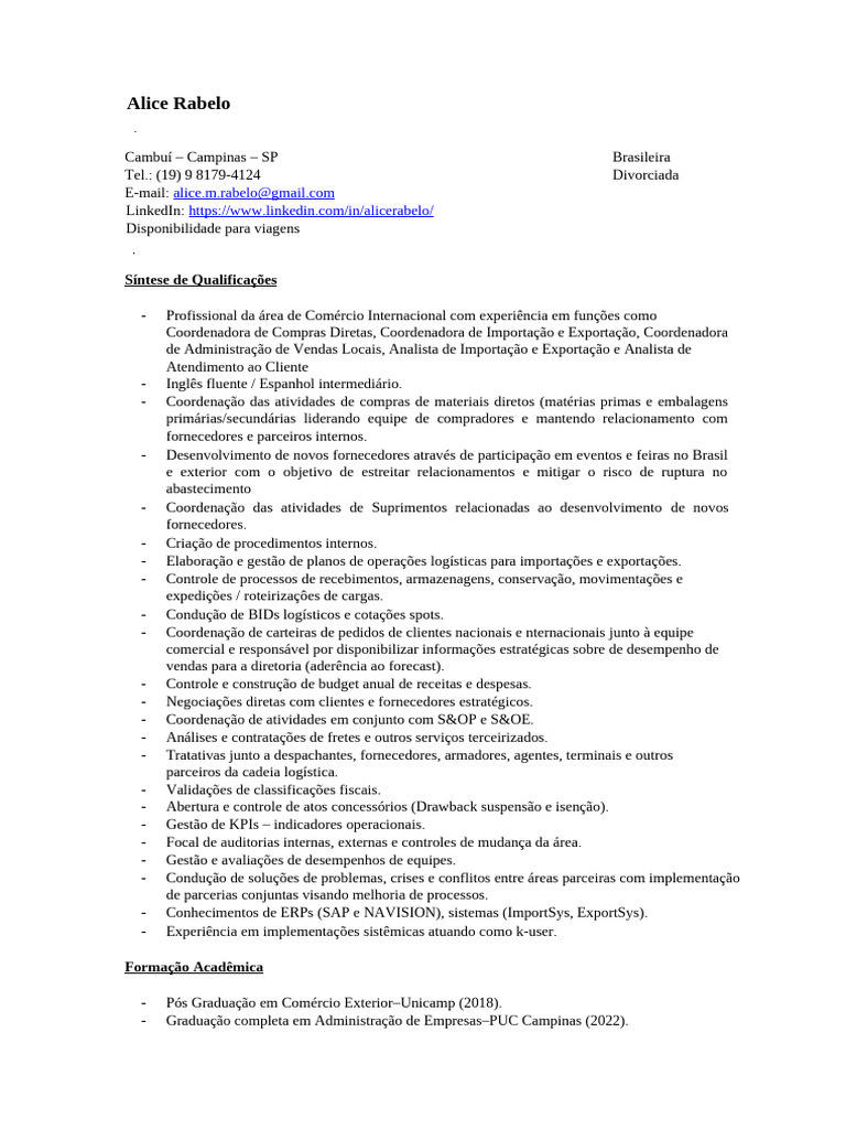 CV Alice-dez22 (3) | PDF | Cadeia de suprimentos | Processo de negócios