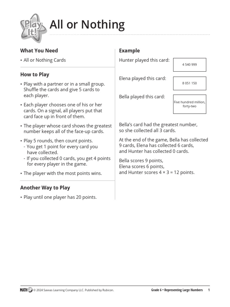 Grade 6 Math: Large Numbers Game | PDF | Card Games | Playing Cards