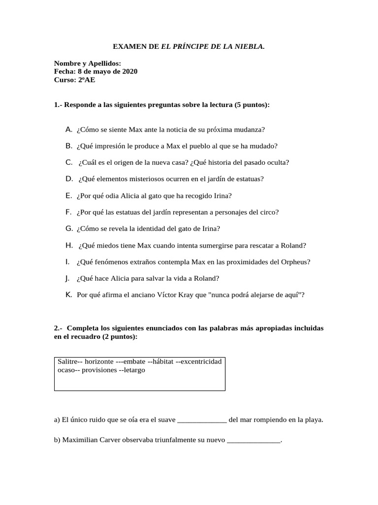 Examen de "El Príncipe de la Niebla" | PDF
