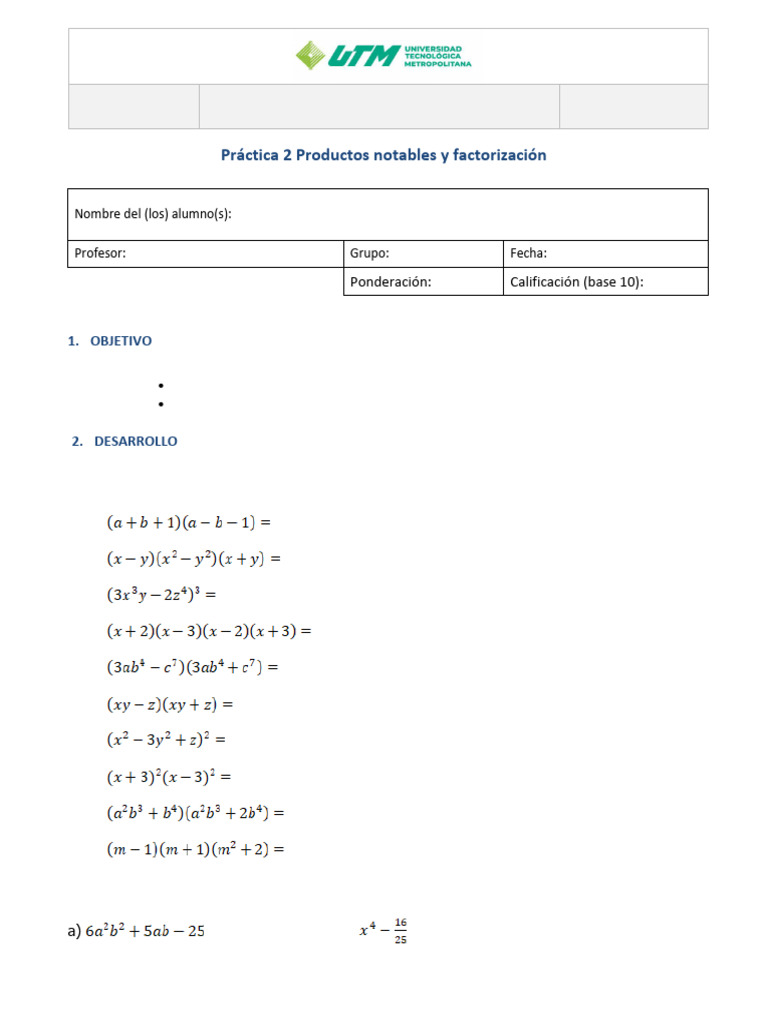 FM U1 Práctica2 Productos Notables y Factorización-Fusionado | PDF | Número complejo | Factorización