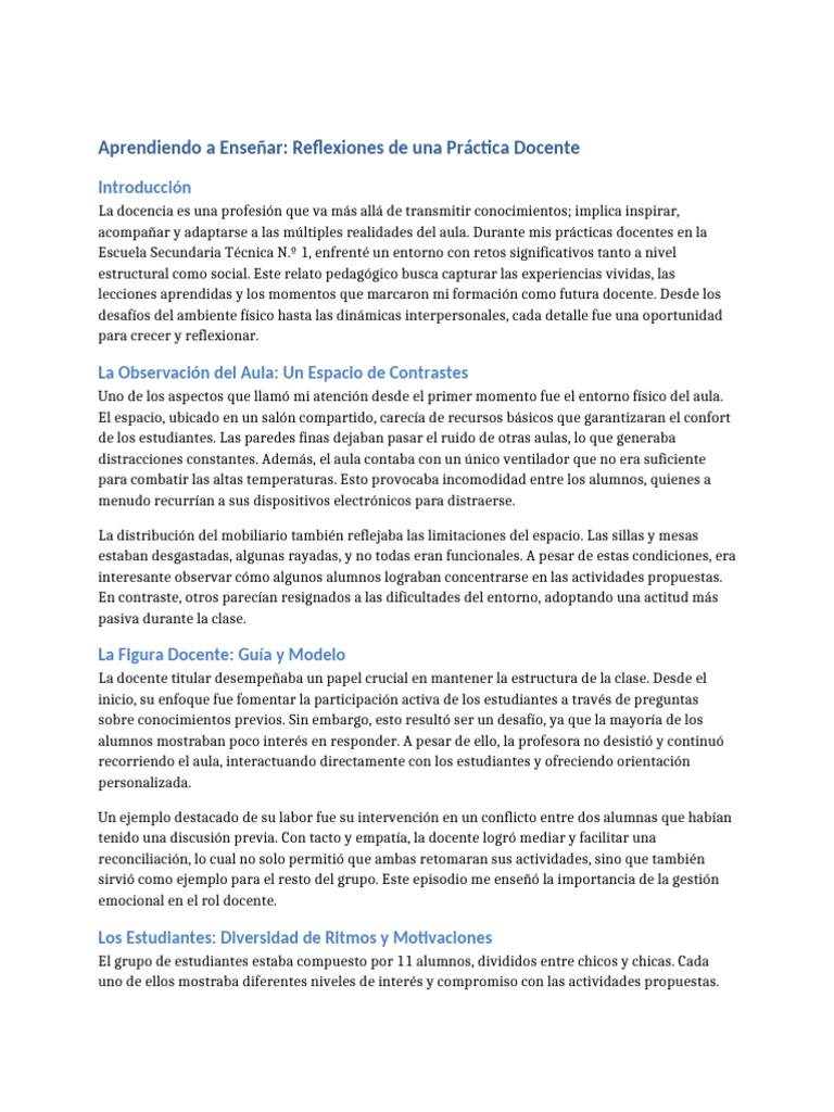 Relato Pedagogico Practicas Docentes Extenso | PDF | Salón de clases ...