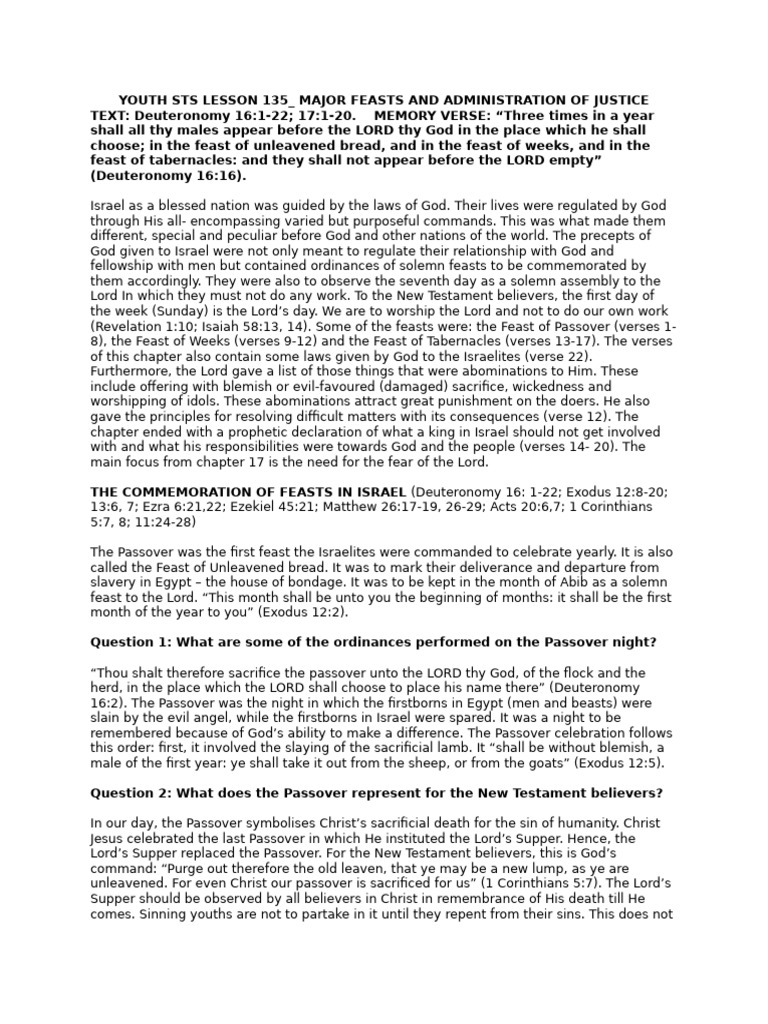Youth Sts Lesson 135_ Major Feasts and Administration of Justice | PDF | Passover | Book Of ...