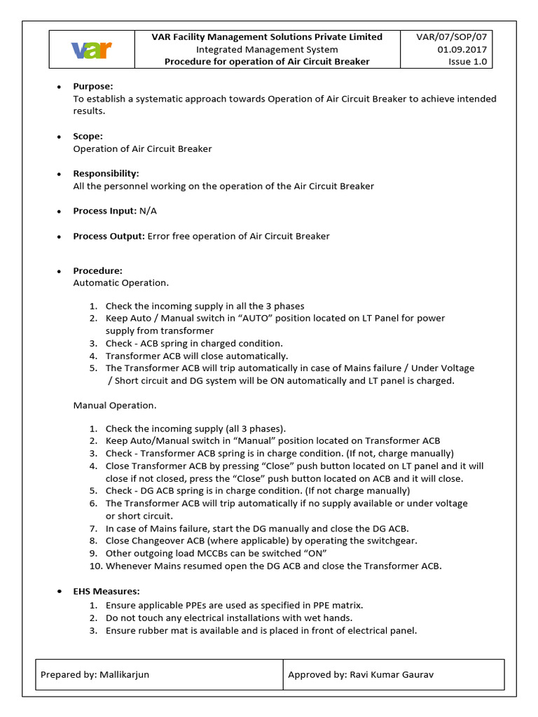 07_VAR_SOP_ACB | PDF | Transformer | Mains Electricity
