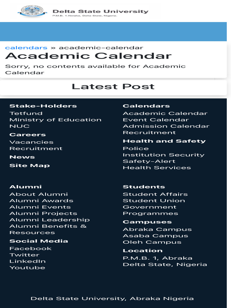 Delta State University Academic Calendar 2025 | PDF