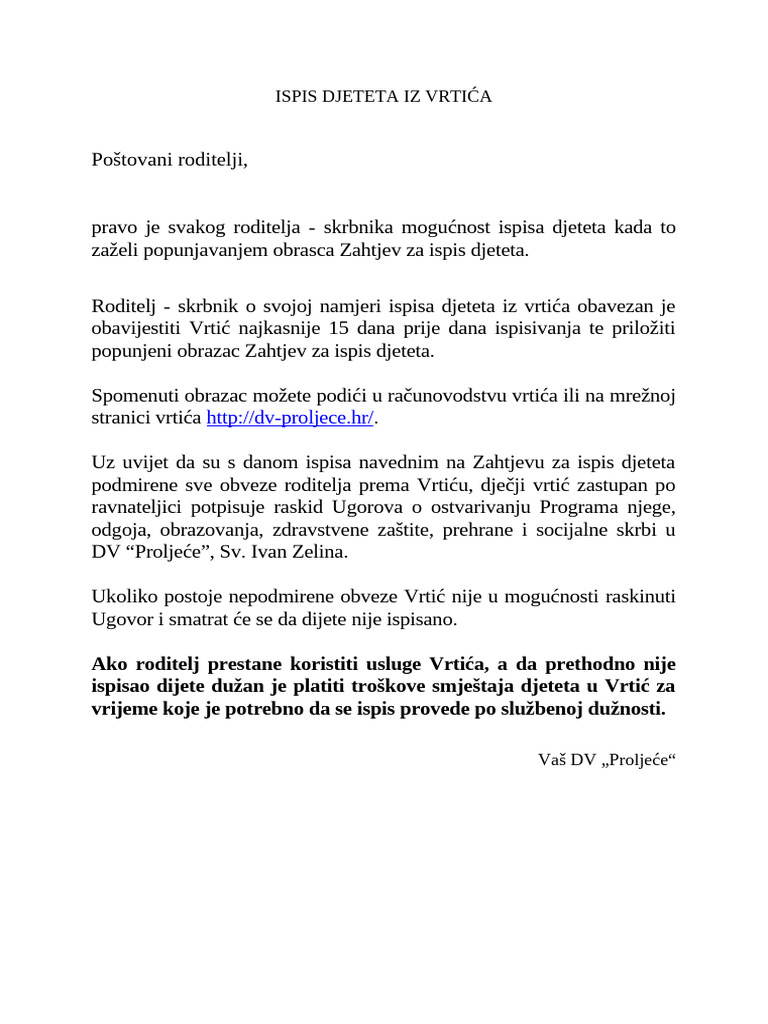 Ispis Djeteta Iz Vrtića Obavijest Za Roditelje | PDF